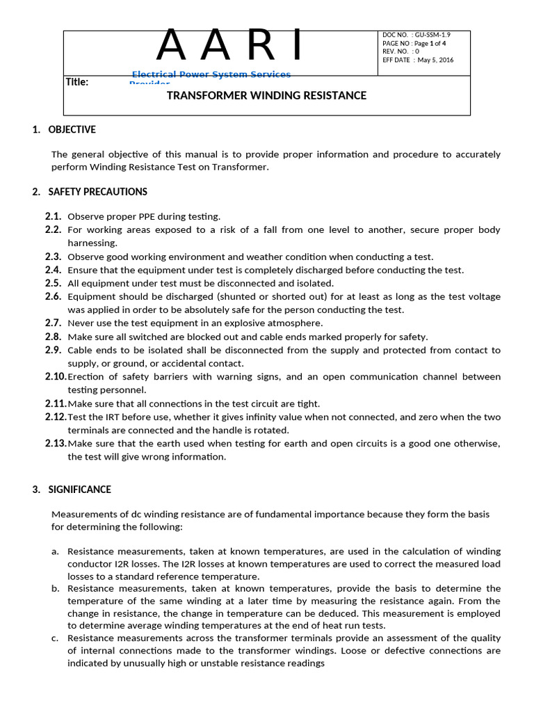 Transformer Winding Resistance Testing Guide | PDF | Transformer ...