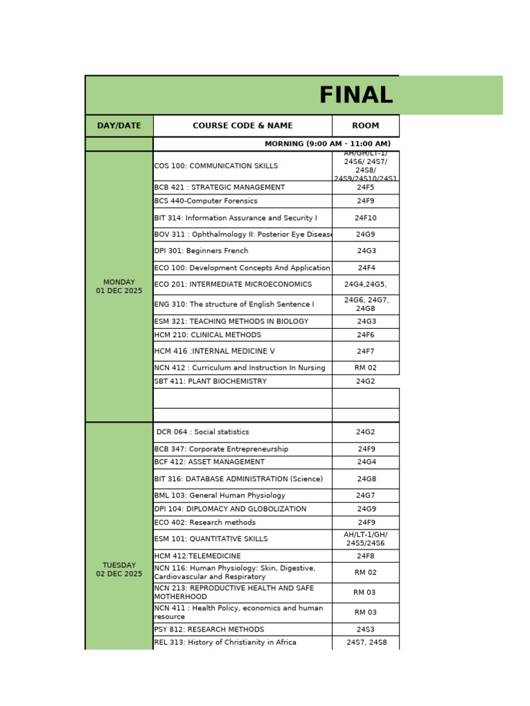 Final Examinations Timetable-Sem 1 (2025-2026) | PDF