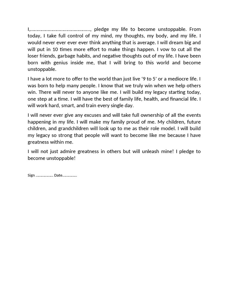 Unstoppable Life Pledge for Success | PDF