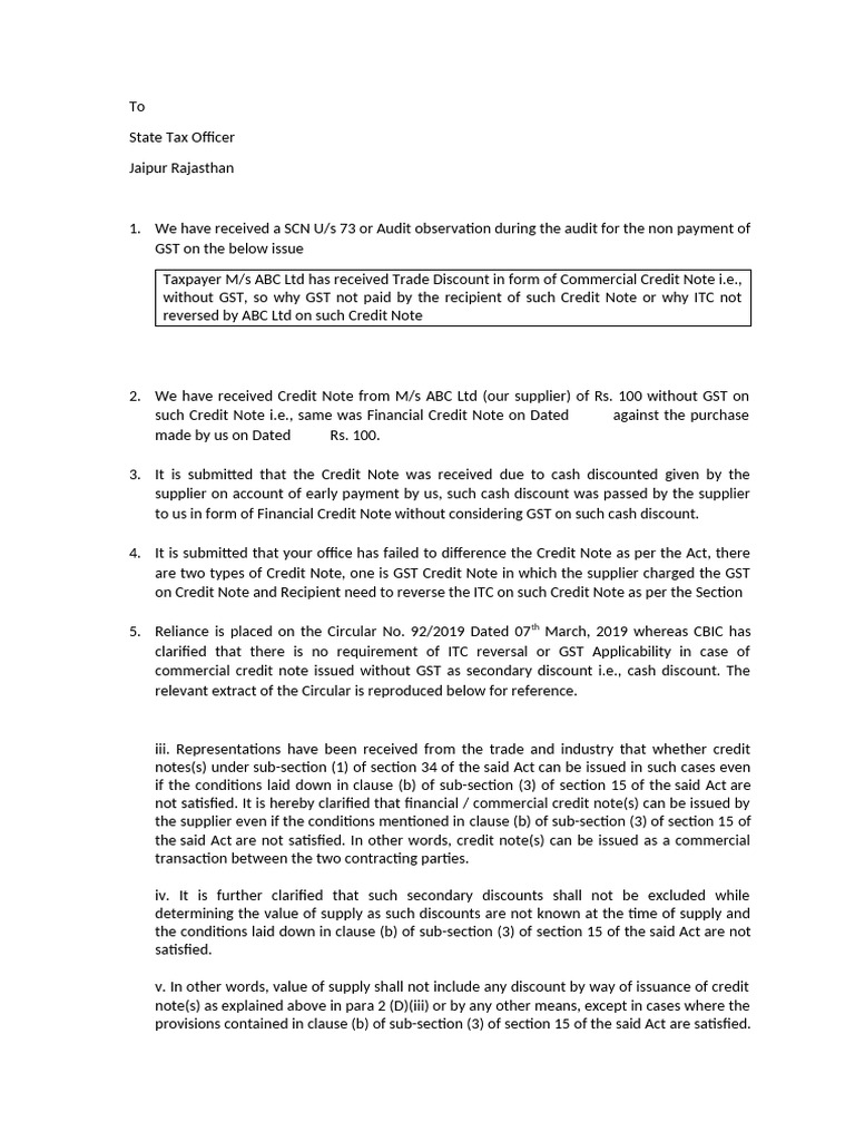 S. No. 179 - GST Draft Reply in Case of Credit Note Received Without ...