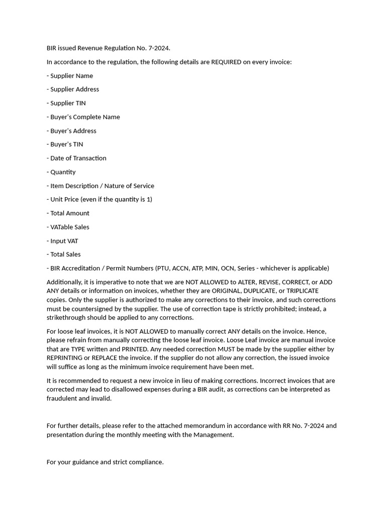 BIR Revenue Regulation No. 7-2024 Invoice Requirements | PDF
