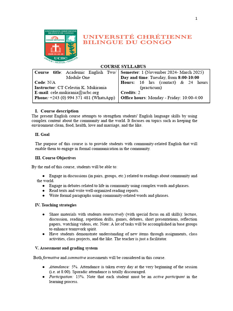 Academic English Course Syllabus | PDF | Classroom | Plural