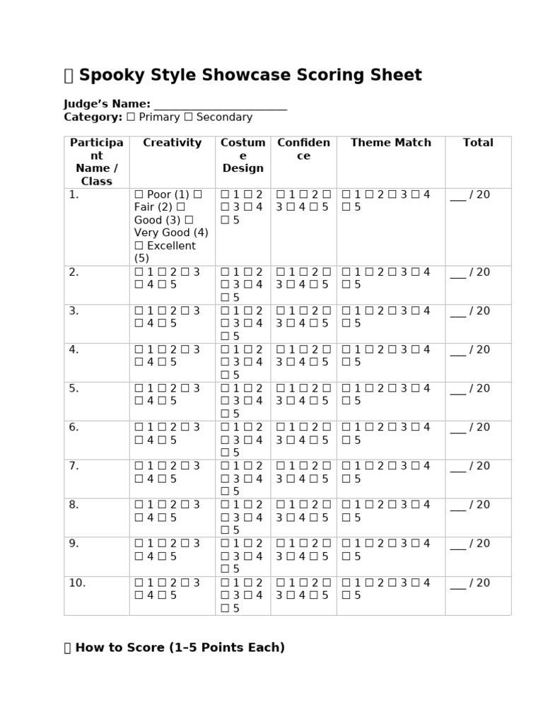 Spooky Costume Contest Scoring Sheet | PDF