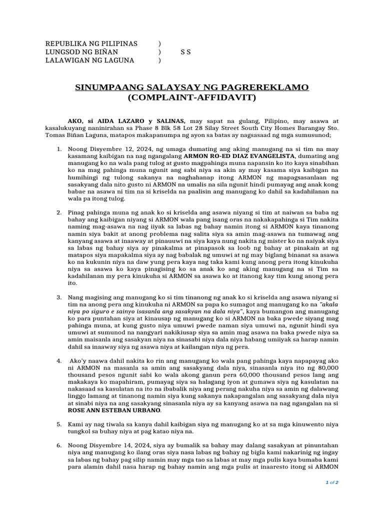 Sample Format of Affidavit (Tagalog) | PDF