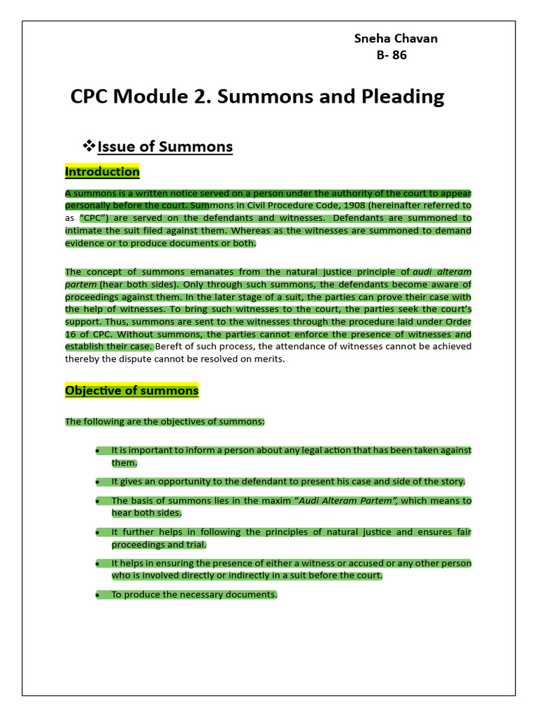 CPC MODULE 2. Summons and Pleading | PDF | Pleading | Lawsuit