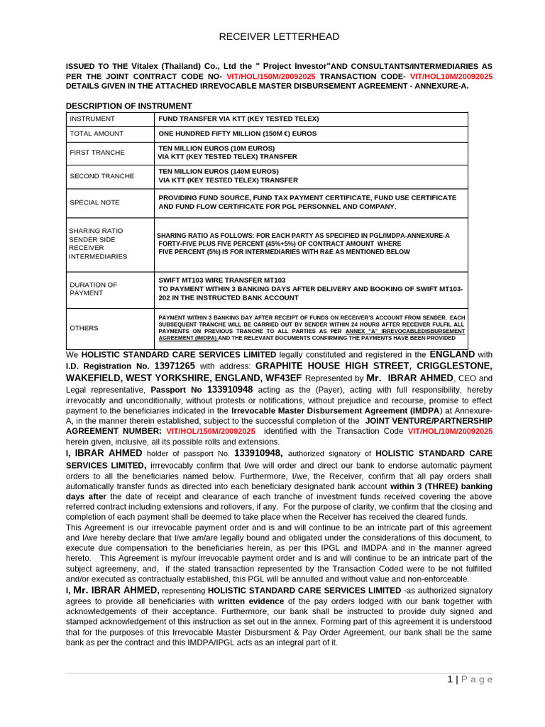 KTT-PGL To Vitalex From Holistic (20 Sept 2025) | PDF | Payments | Banks