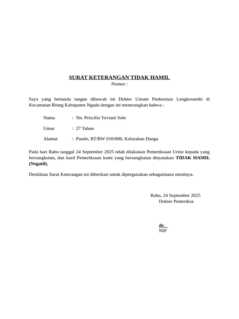 Surat Keterangan Tidak Hamil | PDF