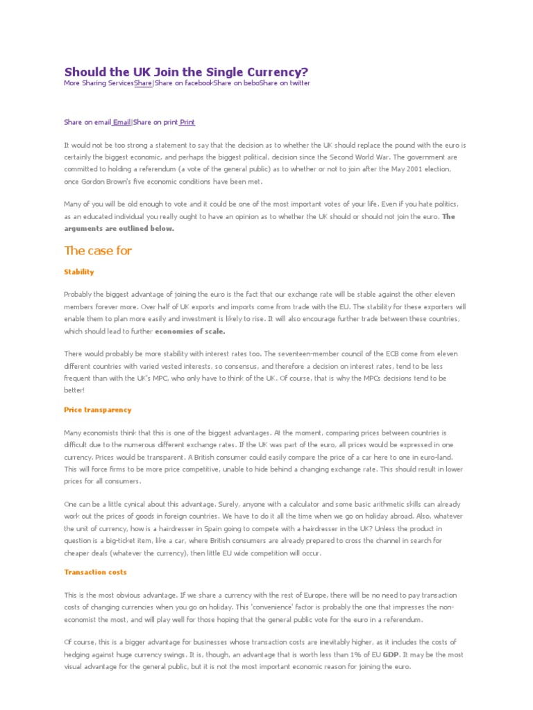 Should The UK Join The Single Currency | PDF | European Central Bank | Euro