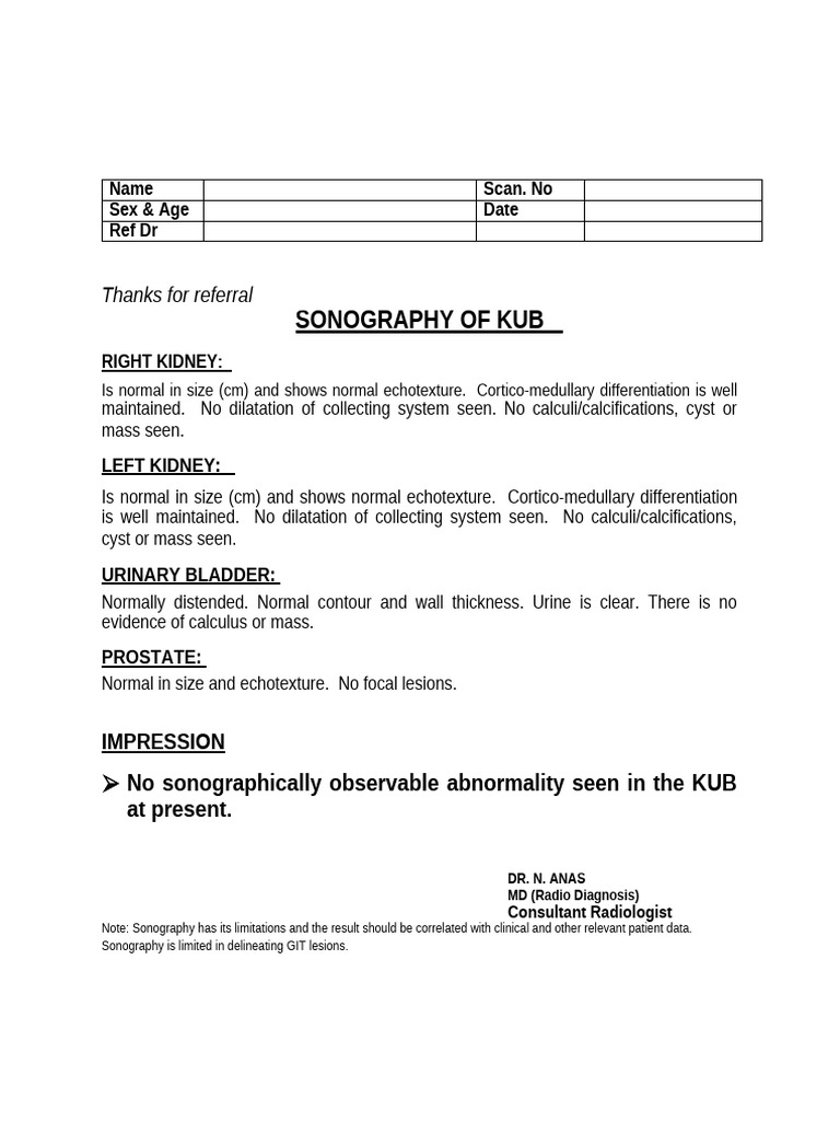 Normal KUB Sonography Report | PDF