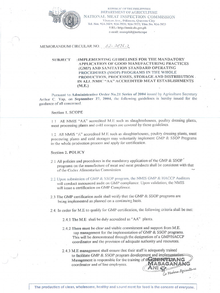 Memorandum Circular 02 2005 02 - Sanitation Standard Operating ...