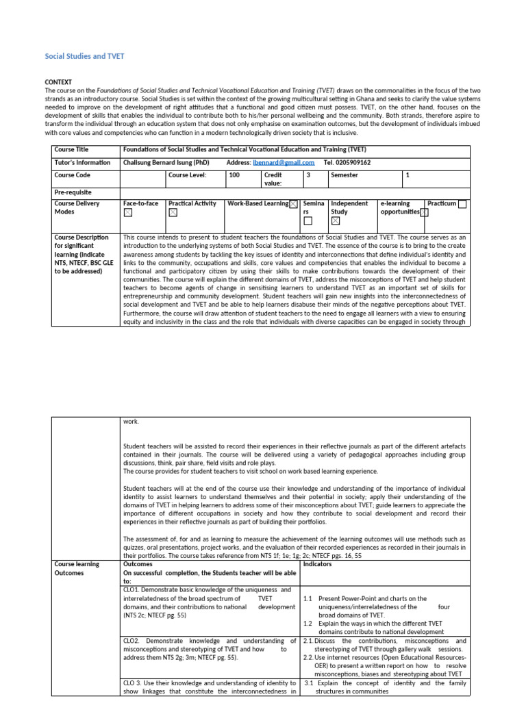 Foundations of Social Studies & TVET | PDF | Vocational Education ...