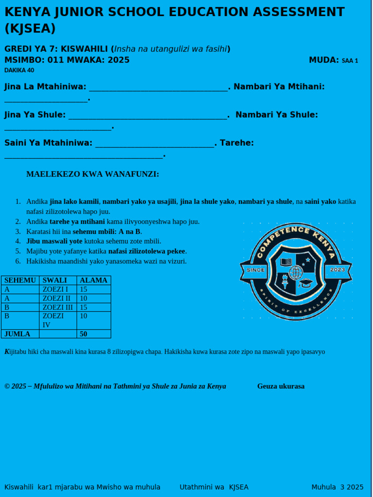 Grade 7 Kiswahili Pp2 | PDF