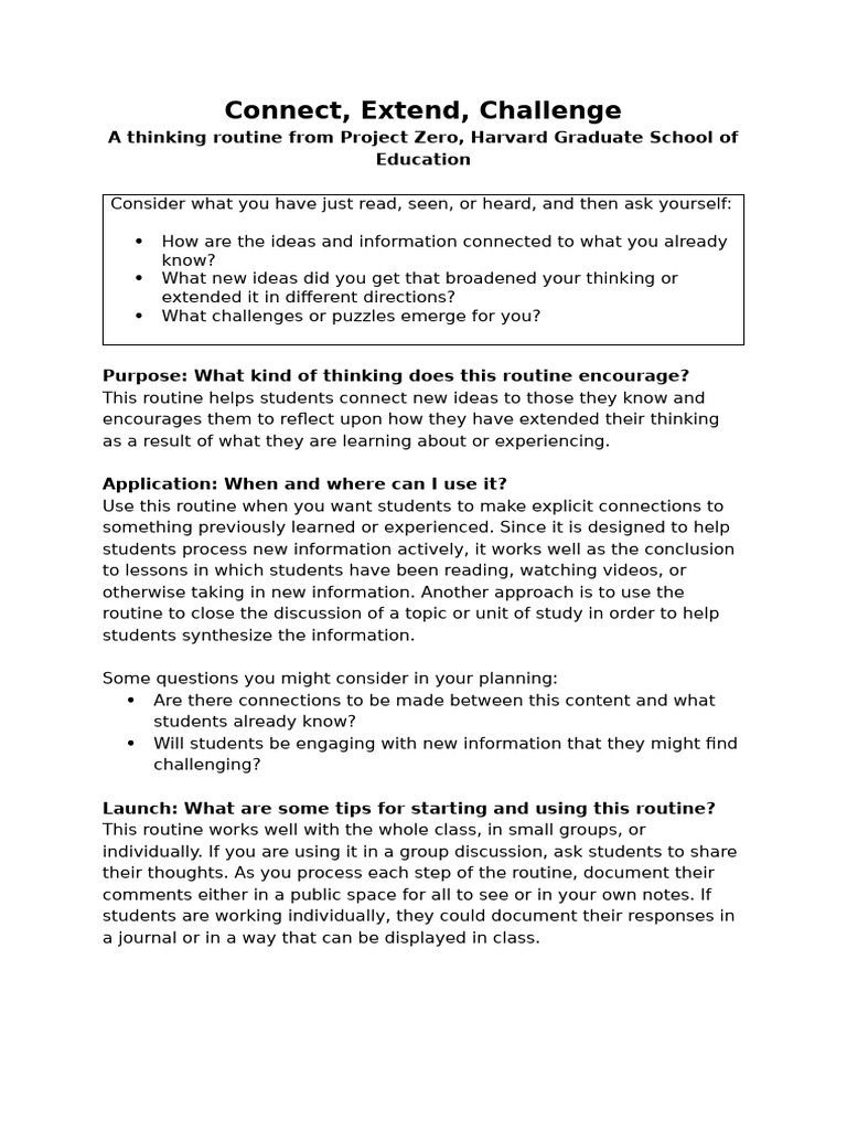 Connect, Extend, Challenge Thinking Routine | PDF