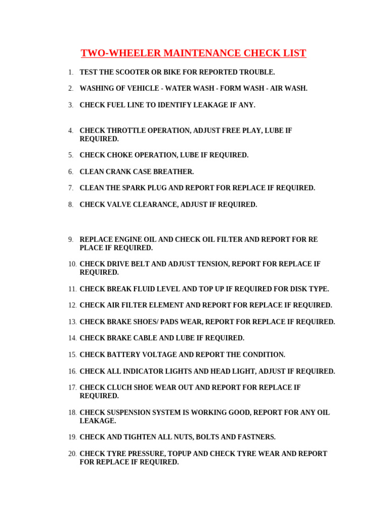 Two-Wheeler Maintenance Checklist Guide | PDF | Clutch | Brake