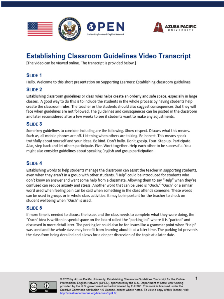 Establishing Classroom Guidelines Transcript | PDF | Classroom | Learning