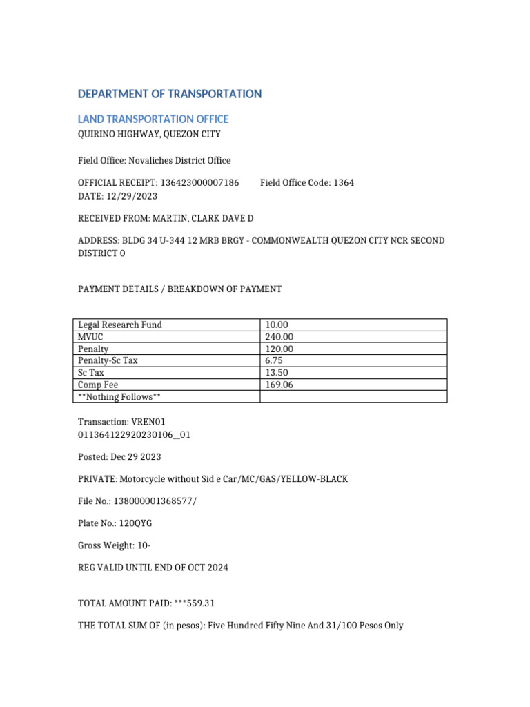 Official Receipt for Motorcycle Registration | PDF