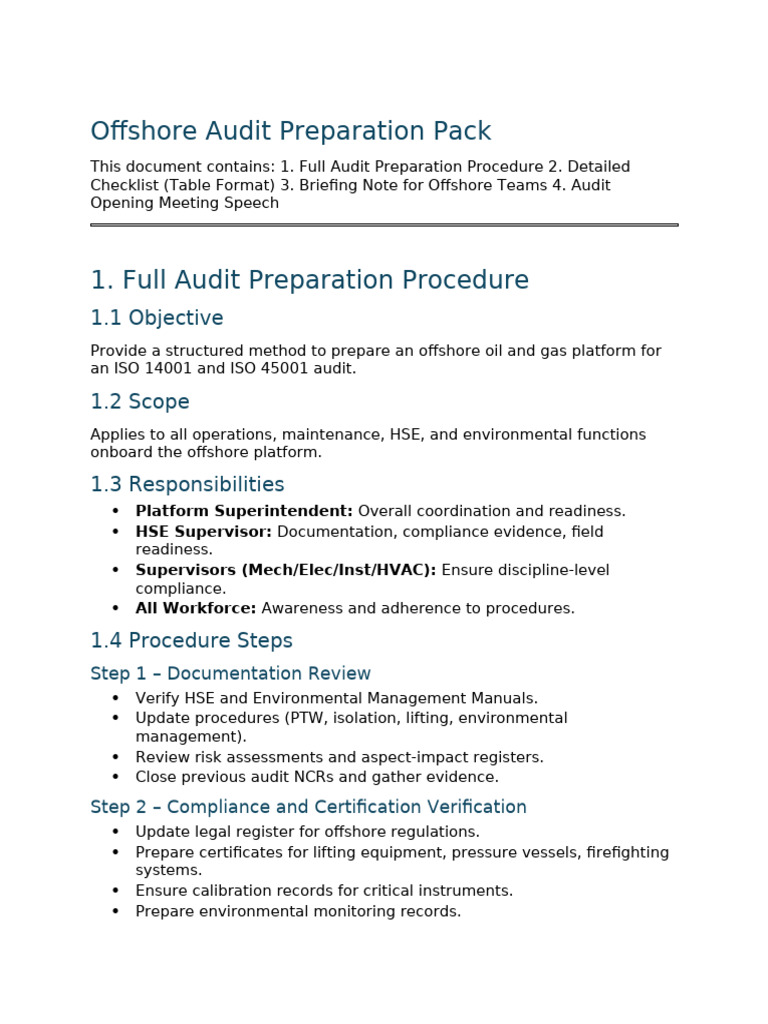 Offshore Audit Prep for ISO 14001 & 45001 | PDF | Audit | Safety
