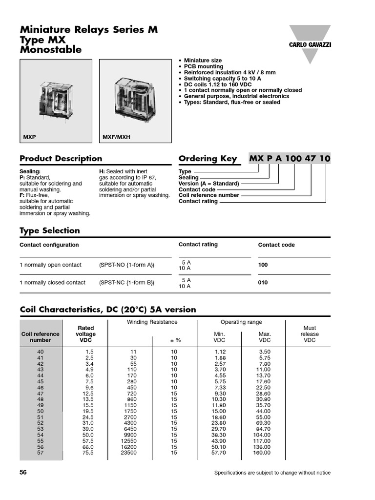 Miniature Relays Series M Type MX Monostable | PDF | Relay | Insulator ...