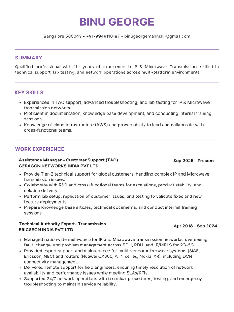 Resume Binu George | PDF | Computer Network | Telecommunications