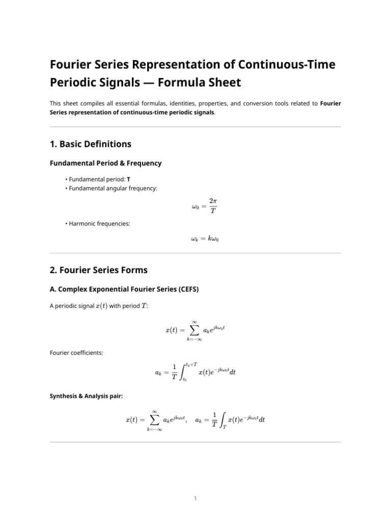 Fourier Series Formula Sheet Guide | PDF | Fourier Series | Spectral ...