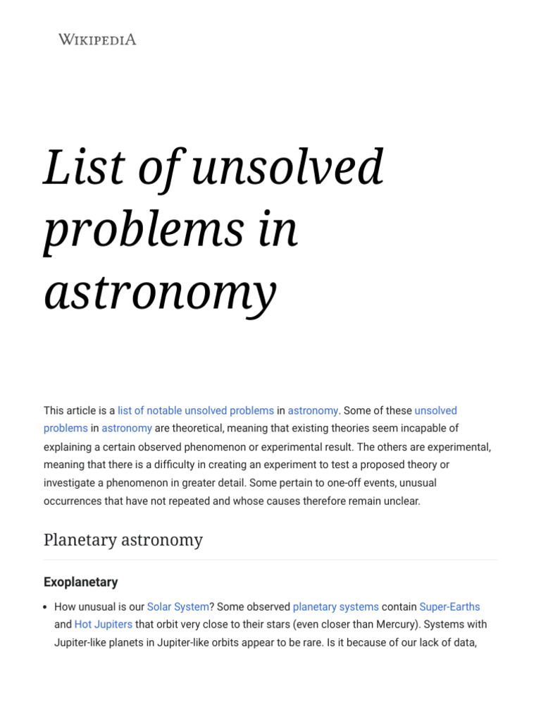 List of Unsolved Problems in Astronomy - Wikipedia | PDF | Physical ...
