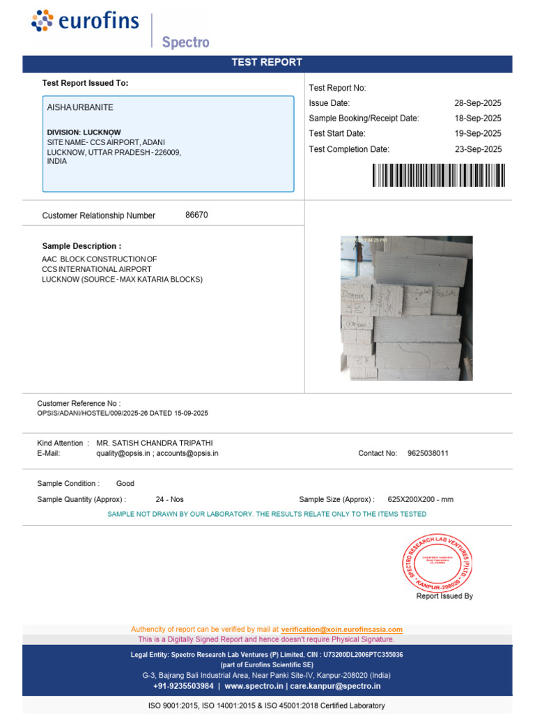 AAC Block Test Report for CCS Airport | PDF | Indemnity | Contractual Term