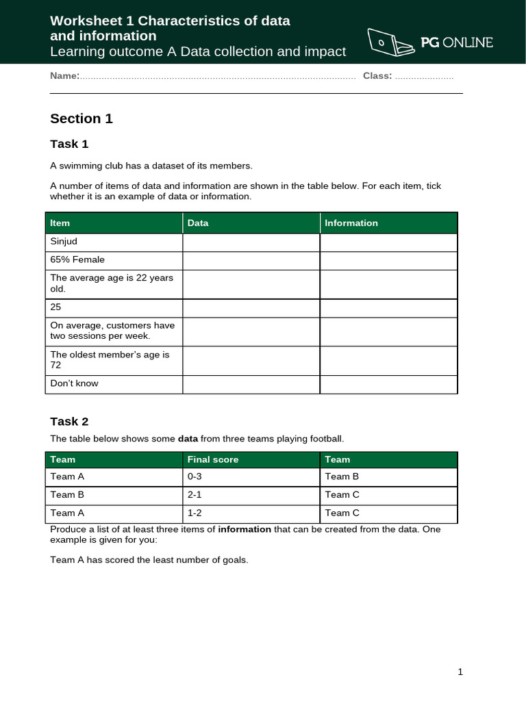 Topic 1 Worksheet 1 | PDF | Data | Information