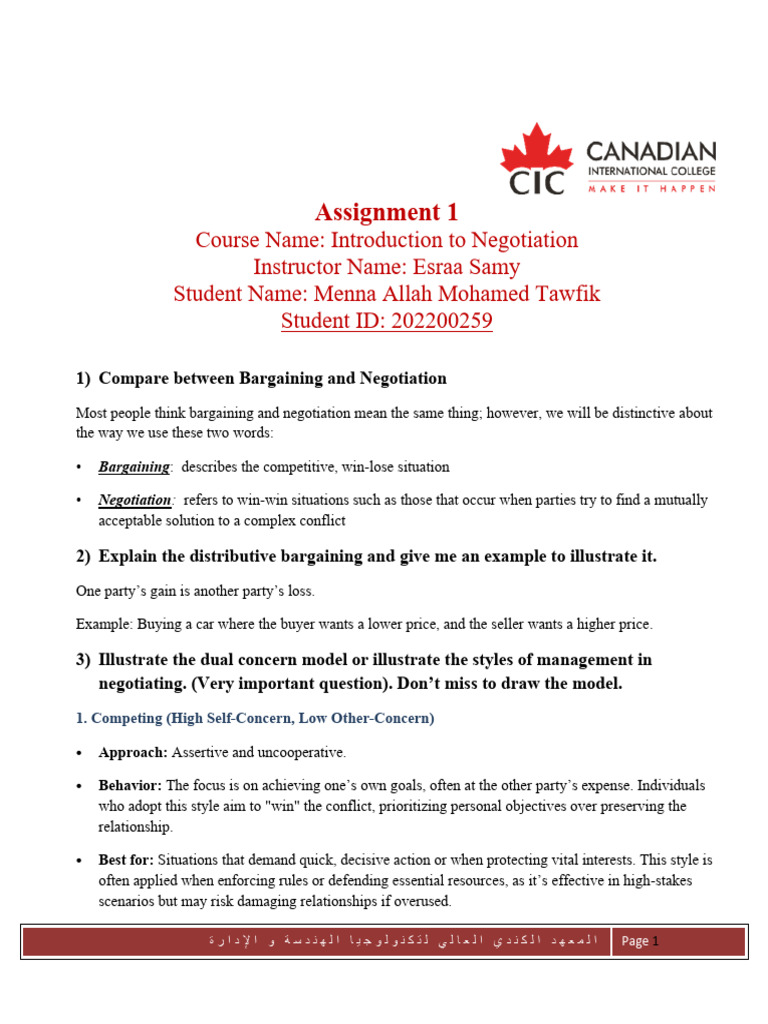 Assignment 1 of Introduction To Negotiation - 202200259 | PDF | Negotiation | Social Psychology