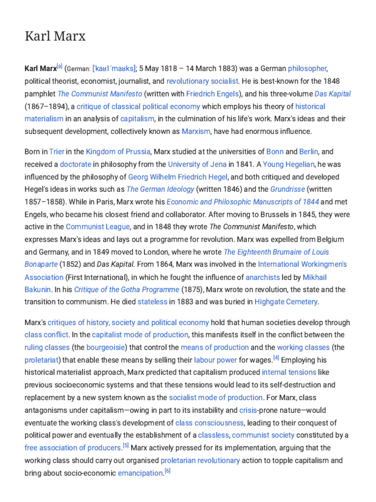 Karl Marx - Wikipedia | PDF | Karl Marx | Friedrich Engels