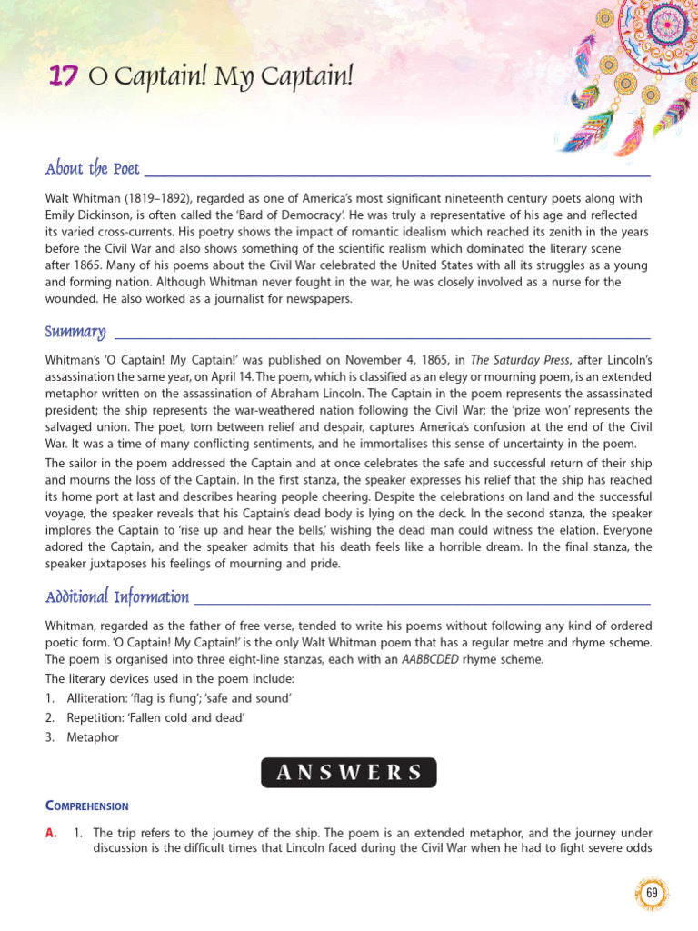 Oh Captain! My Captain! Notes | PDF | Poetry | Walt Whitman