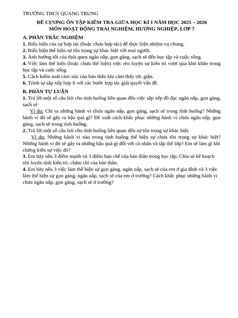 Đề Cương Ôn Tập Ktgk i Hđtn, Hn 7 (25.26) | PDF