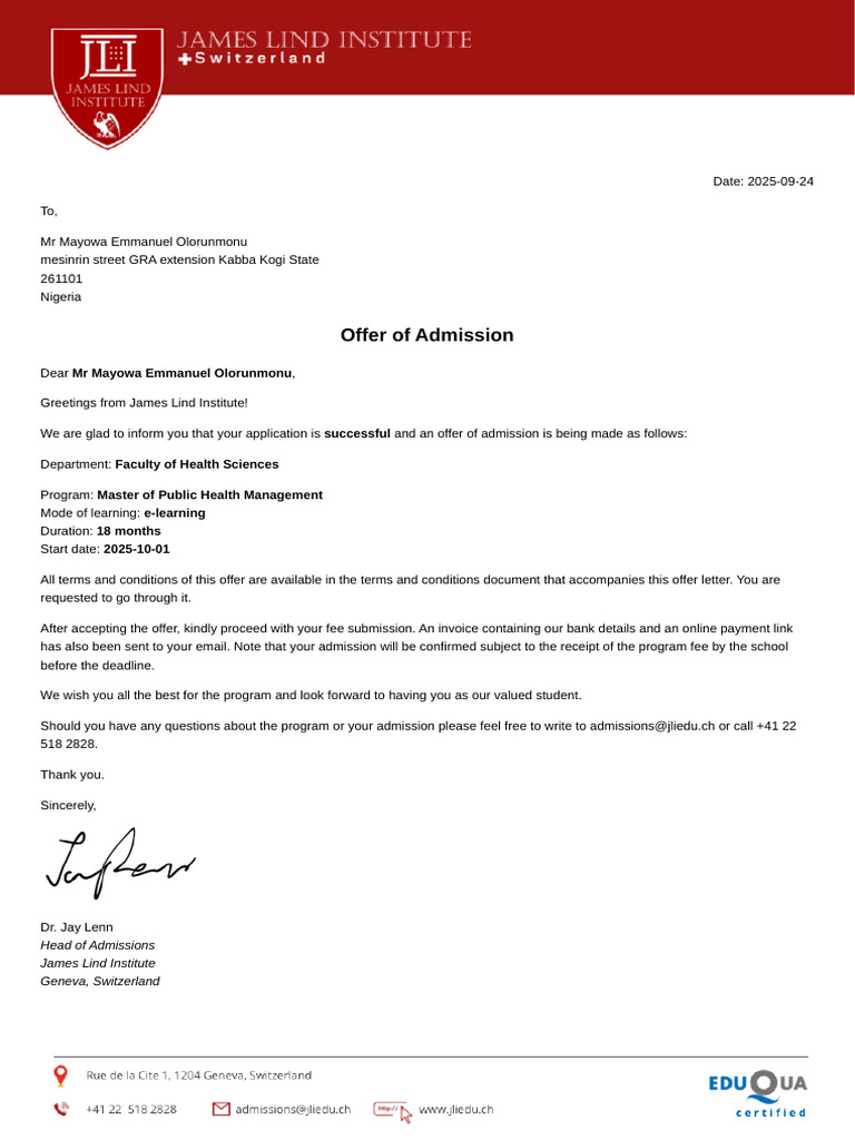 JLI Masters Offer (MR Mayowa Emmanuel Olorunmonu) | PDF