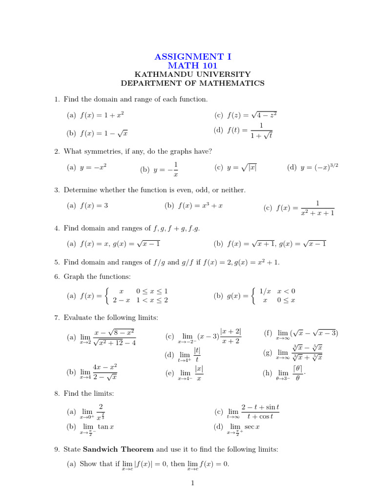 Assignment I - MATH 101 | PDF | Mathematical Relations | Mathematical ...
