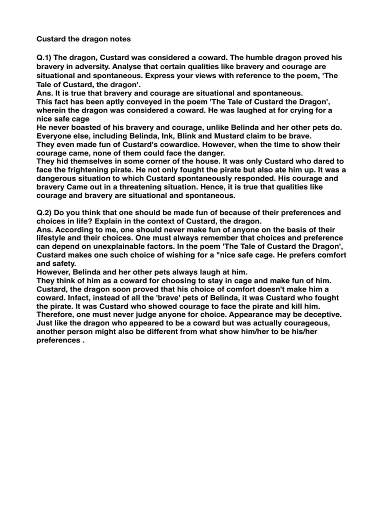 Custard The Dragon Notes | PDF