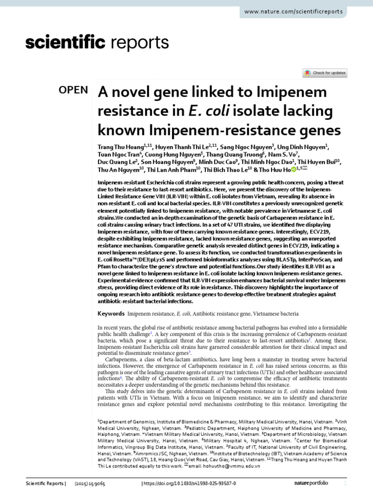 A Novel Gene Linked To Imipenem Resistance in E. Coli Isolate Lacking ...