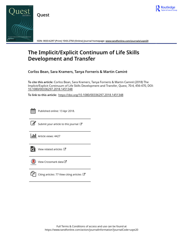 The Implicit Explicit Continuum of Life Skills Development and Transfer ...
