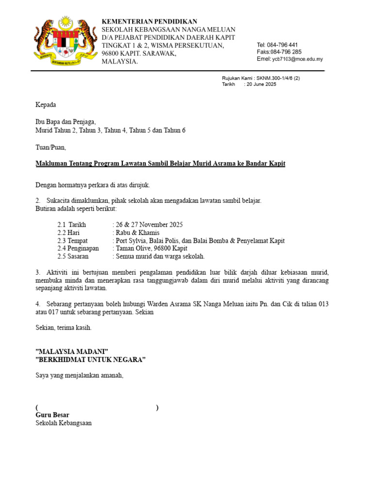 Surat Makluman Program Lawatan Murid Asrama Ke Bandar Kapit | PDF