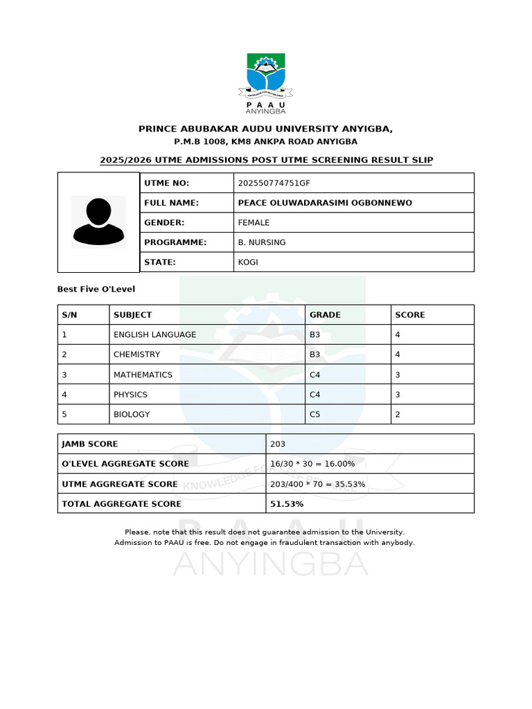 Pre Admission Screening Result | PDF