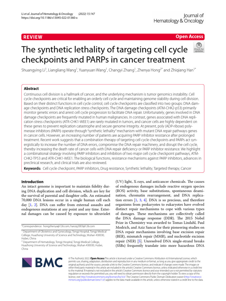 The Synthetic Lethality of Targeting Cell Cycle Checkpoints and PARPs ...