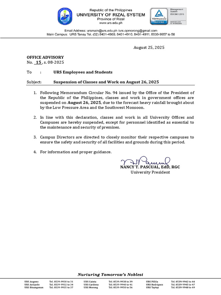Office Advisory No. 15 S. 08 2025 Suspension of Classes and Work | PDF