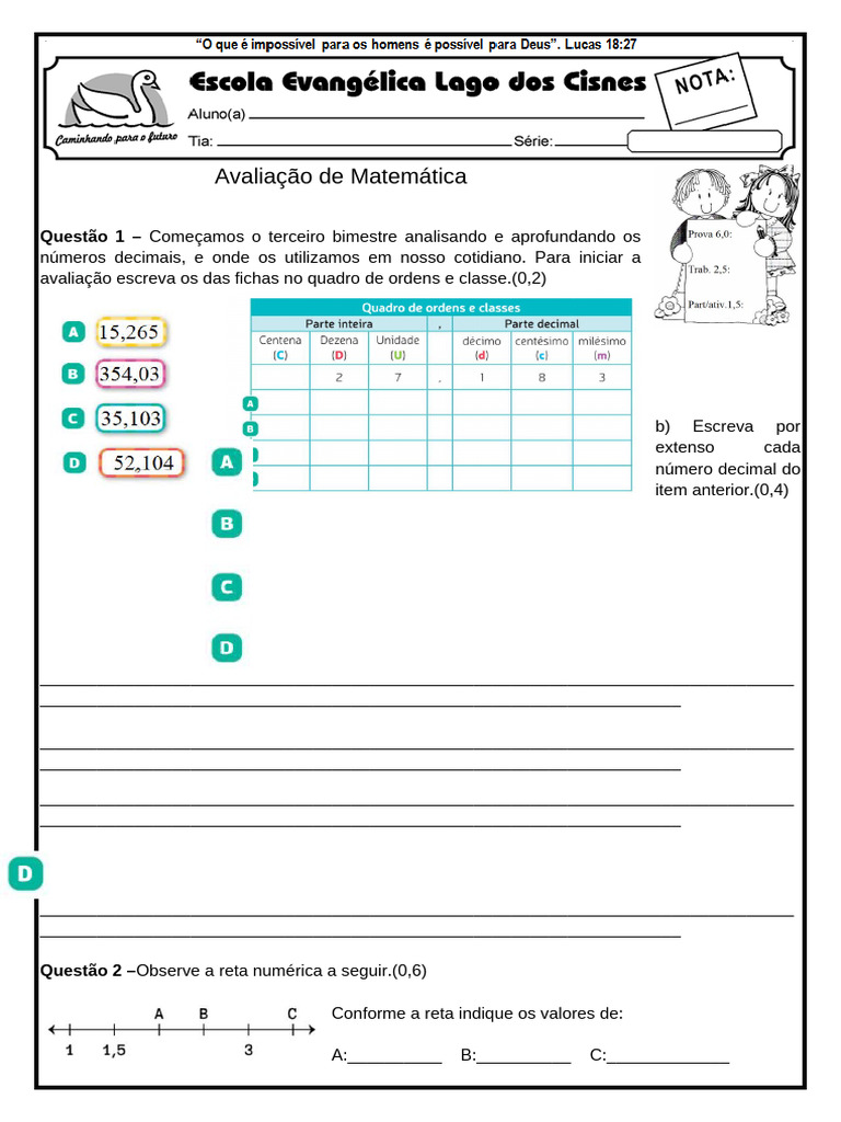 5º ano - Av. Matemática 3ºb (corrigida) | PDF | Decimal | Matemática