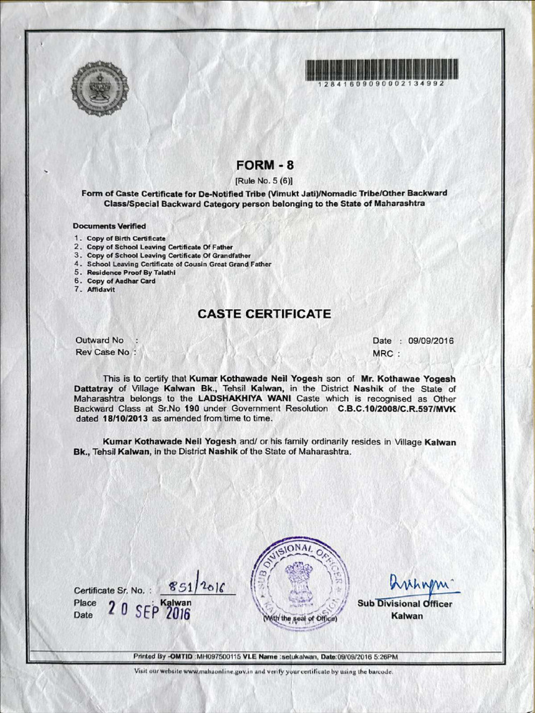 Caste Certificate Neil - Compressed | PDF