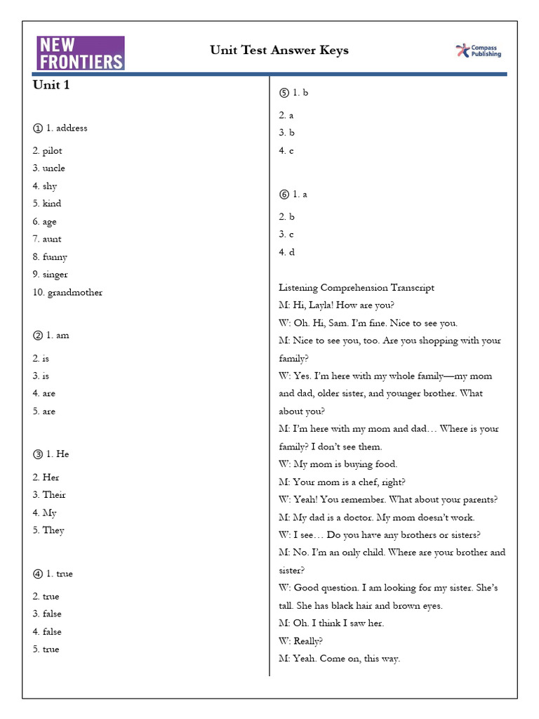 .ArchNew Frontiers 1 - Unit Test - Answer Key | PDF | Salad | Bedroom