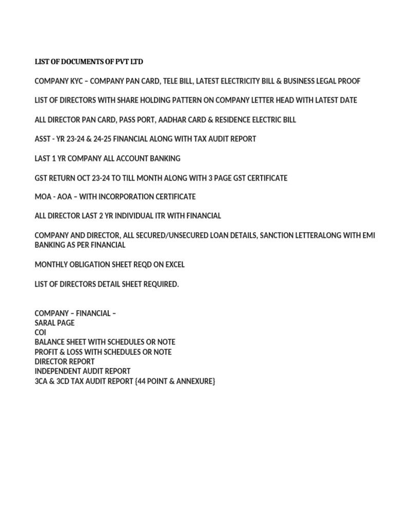 List of Documents PVT LTD Firm | PDF