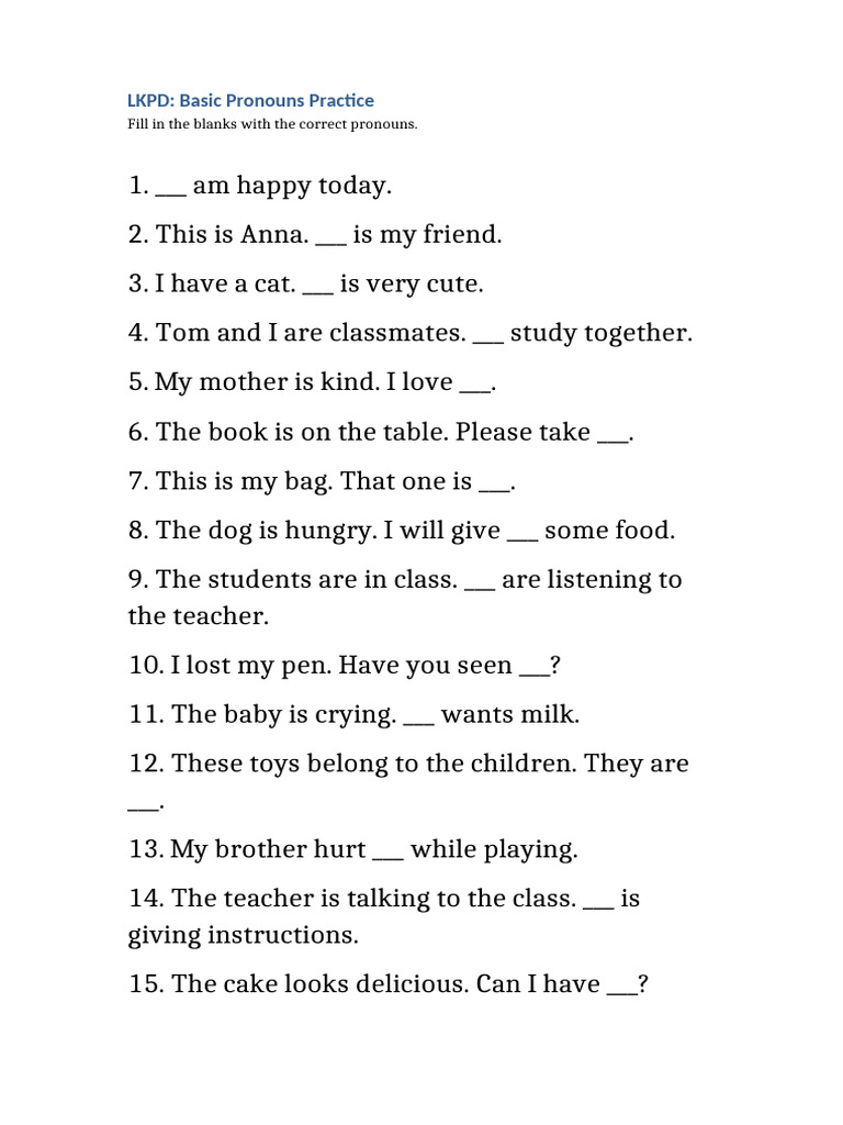 Basic Pronouns Practice Worksheet | PDF