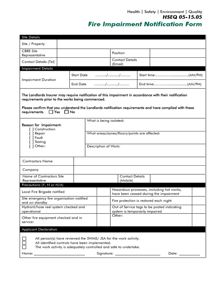 Fire Impairment Notification Form | PDF | Safety