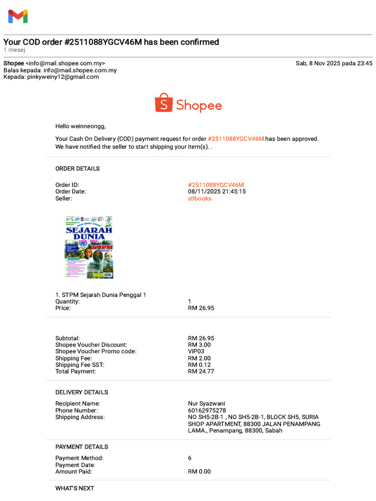 Gmail - Your COD Order #2511088YGCV46M Has Been Confirmed | PDF ...