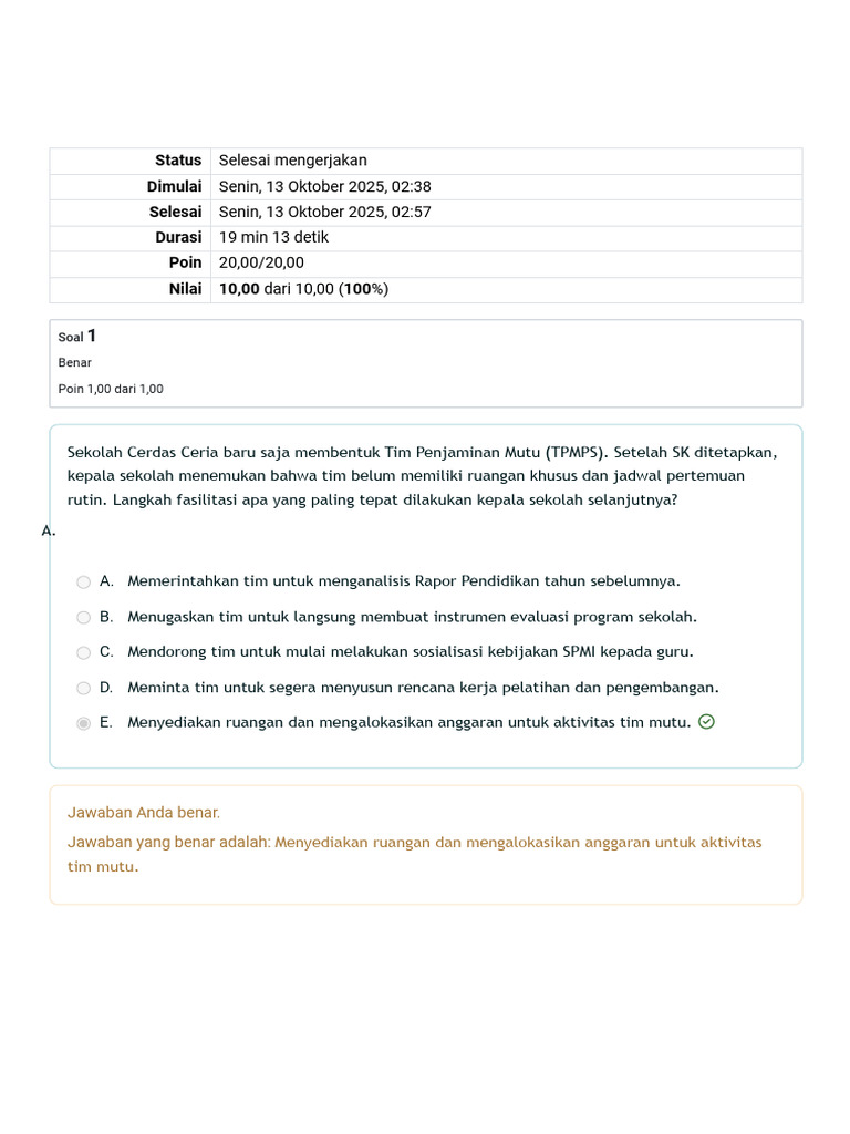 Asesmen Awal - Reviu Pengerjaan Kuis - LMS - Sajian Mutu Pendidikan (SATUDIK) | PDF