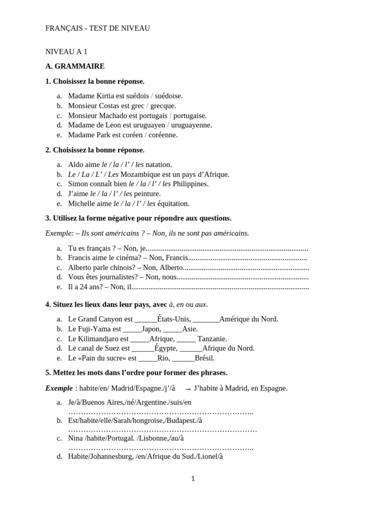 Test de niveau A1 en français | PDF
