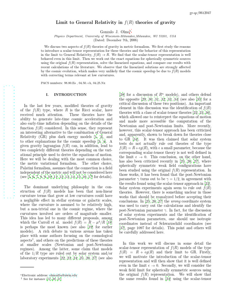Limit To General Relativity in F (R) Theories of Gravity | PDF ...